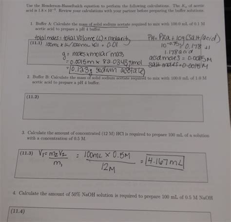 Solved 11 8 Prelab Use The Henderson Hasselbalch Equation To