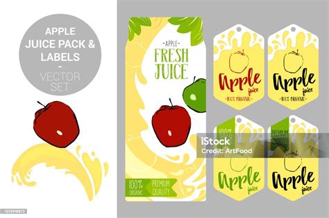 주스 스플래시에 빨간 만화 사과 녹색과 빨간색 사과 유기농 과일 라벨 태그와 주스 팩 0명에 대한 스톡 벡터 아트 및 기타 이미지 0명 개체 그룹 건강한 생활방식