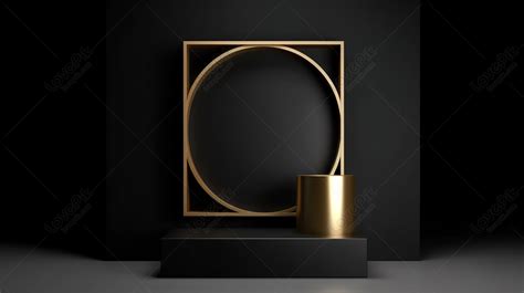 매끄러운 3d 디자인의 빈 원통형 연단과 황금색 사각형 프레임을 갖춘 미니멀한 검정색 배경 연단 배경 원통 배경 금색 배경 이미지 Hd 연단 원통 금색 배경 사진