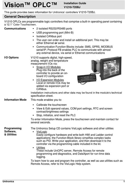 Unitronics V1210 T20bj Installation Manual Pdf Download Manualslib