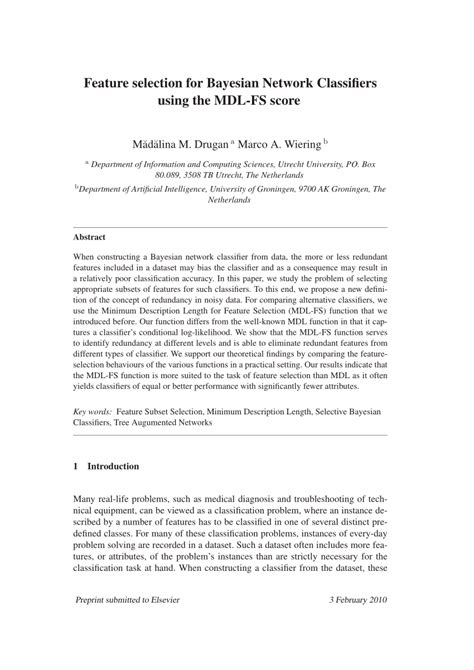 Pdf Feature Selection For Bayesian Network Classifiers Using The Mdl