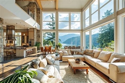 Beautiful Living Room Interior In New Luxury Home With Open Concept Floor Plan Shows Kitchen