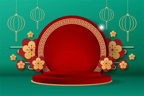 행복한 중국 새해 개념 기하학적 형태의 최소 장면입니다 실린더 포디움 디스플레이 또는 녹색 배경의 제품에 대한 모형을 선보일 수 있습니다 텍스트 공간을 사용할 수 있습니다