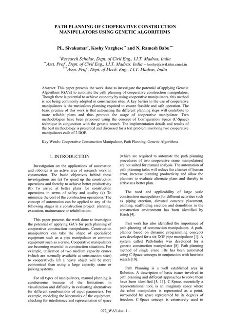 Pdf Path Planning Of Cooperative Construction Manipulators Using Genetic Algorithms