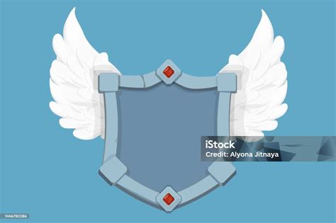 돌 방패 보석과 날개가 있는 프레임은 배경에 격리된 만화 스타일의 게임 보상 보드입니다 매직 로얄 자산 템플릿입니다 벡터 그림 2차 도형에 대한 스톡 벡터 아트 및 기타