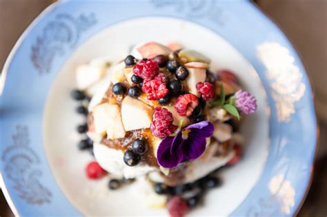 날짜 시럽 토 핑과 보라색 팬 서 식용 꽃과 접시에 정원에서 만든 원시 채식 아이스크림 및 신선한 과일 열매의 평면 평면도 검은색 까치밥나무 열매에 대한 스톡 사진 및 기타