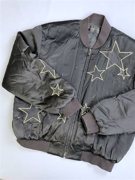 1980s 90s 100 Silk Embroidered Stars And Rhinestone Zip Up Bomber Jacket