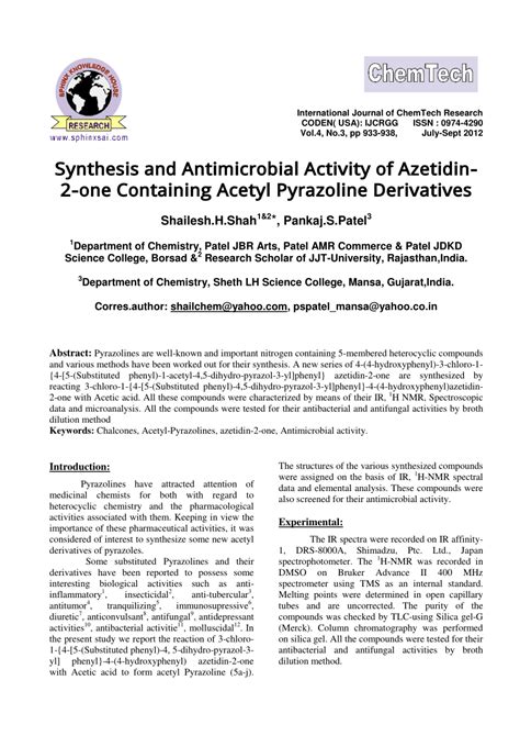 Pdf Synthesis And Antimicrobial Activity Of Azetidin 2 One Containing Acetyl Pyrazoline