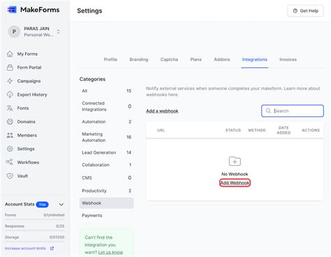 how to setup webhooks in makeforms ottokit