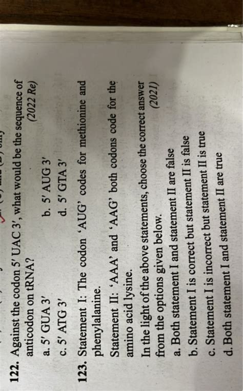 Against The Codon 5 Uac 3 What Would Be The Sequence Of Anticodon On T