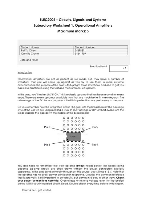 Lab Worksheet Operational Amplifiers ELEC Circuits Signals And Systems Laboratory