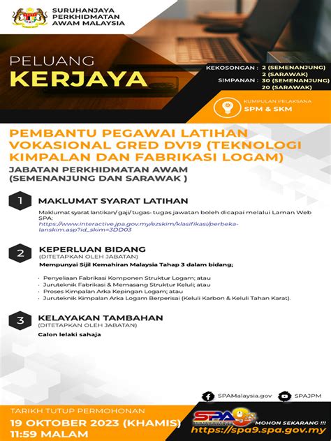 Iklan Spa9 Pembantu Pegawai Latihan Vokasional Gred Dv19 Teknologiv2 Pdf