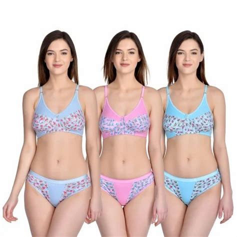 Ladies Bra Panties Set Cotton Fabric Multicolor Printed Design