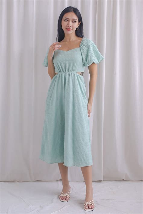 Hebe Puffy Sleeve Side Cut Out Dress In Seafoam The Design Closets