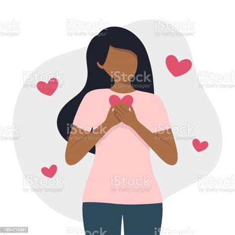 자기 사랑 개념 플랫 벡터 일러스트 흑인 여성은 서 서 서 주위에 추상적 인 배경과 하트 모양의 요소로 자신을 사랑해요 자기애에