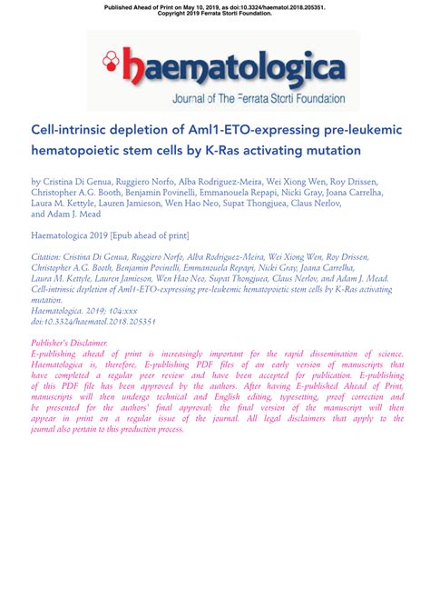 Pdf Cell Intrinsic Depletion Of Aml1 Eto Expressing Pre Leukemic Hematopoietic Stem Cells By K