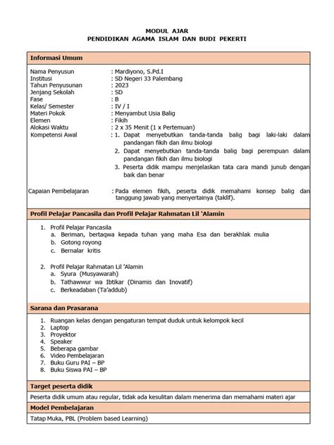 Modul Ajar 1 Berbasis Problem Base Learning Pbl Pdf