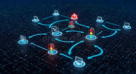 Digital Network Connectivity With Traffic Light And Document Flow On Dark Background Stock