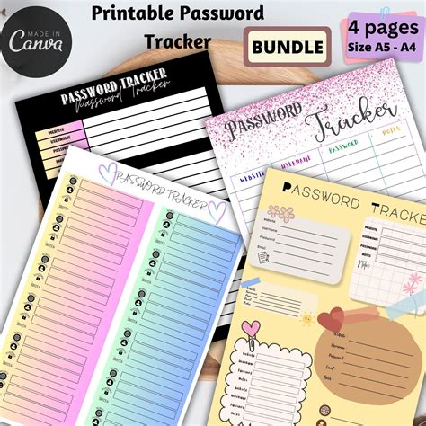 Editable Fillable Password Tracker Bundle 4 Printable Password Log