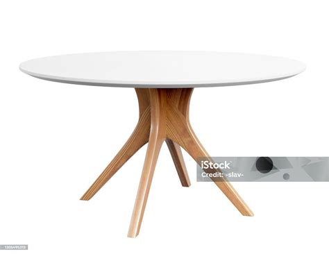 흰색 카운터가있는 둥근 나무 테이블 흰색 배경에 격리 된 식탁 클리핑 경로가 포함되어 있습니다 3d 렌더 탁자에 대한 스톡 사진