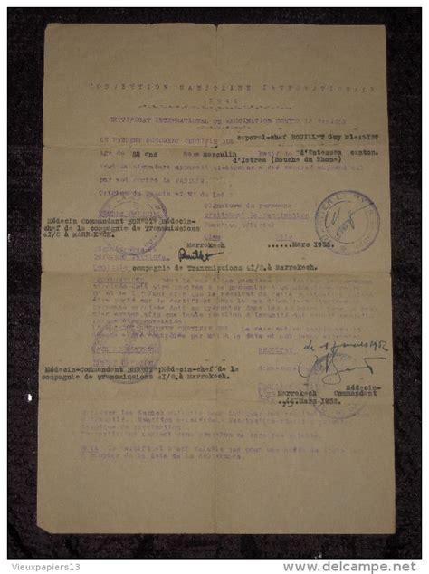Documentos Históricos Maroc 1952 Certificat De Vaccination Variole Caporal Cie Transmissions
