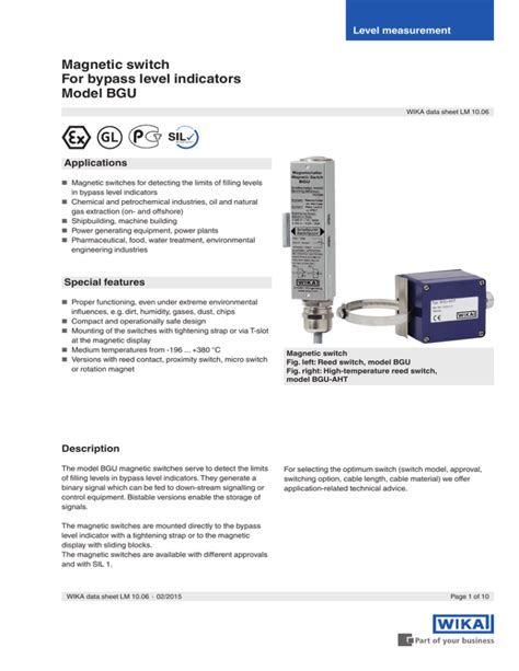 Wika Bgu Magnetic Switch For Level Measurement Data Sheet