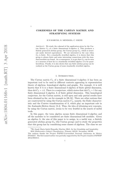 Pdf Cokernels Of The Cartan Matrix And Stratifying Systems