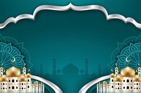 An Islamic Background With Gold And Silver Decorations On A Teal Blue
