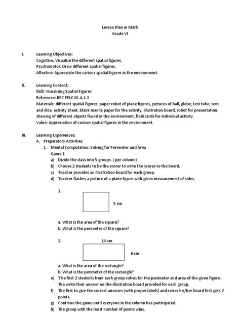 Lesson Plan In Mathematics Vi Pdf Sphere Euclidean Geometry