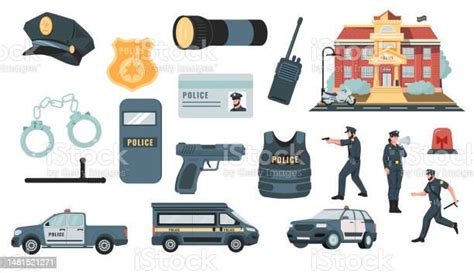 경찰 장비 경찰관 방탄 조끼 배지 자동차 권총 손전등 만화 전문 순찰 장교 및 경찰 도구 벡터 플랫 세트 개성 개념에 대한 스톡