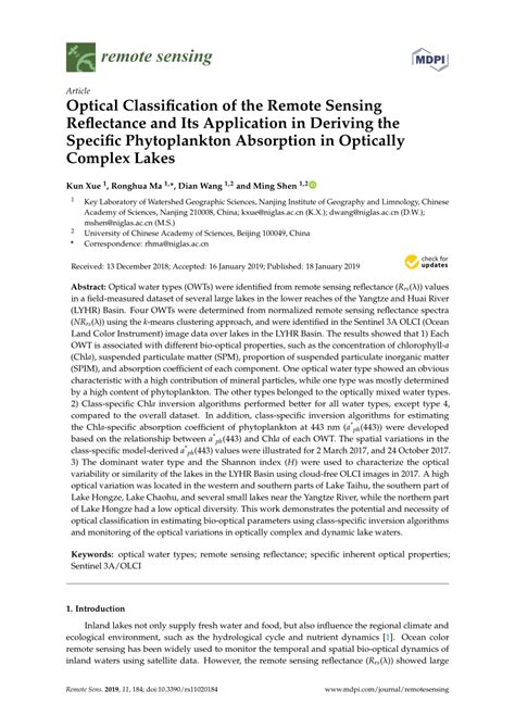 Pdf Optical Classification Of The Remote Sensing Reflectance And Its Application In Deriving