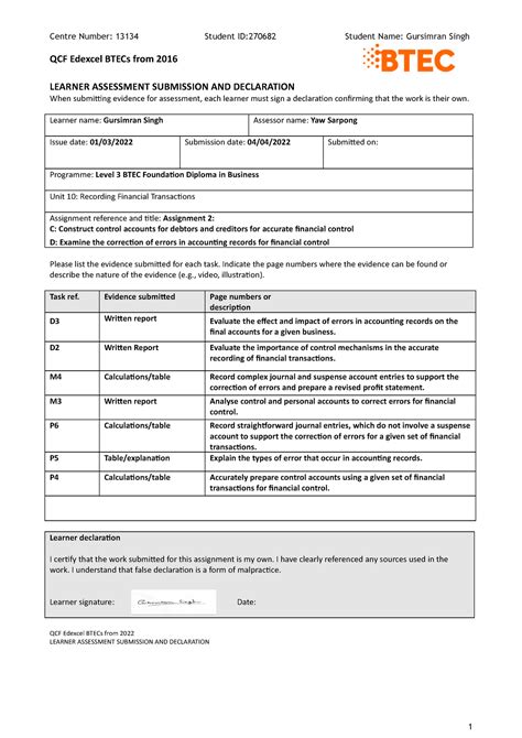 Learner Declaration Form Assignment 2 Qcf Edexcel Btecs From 2016