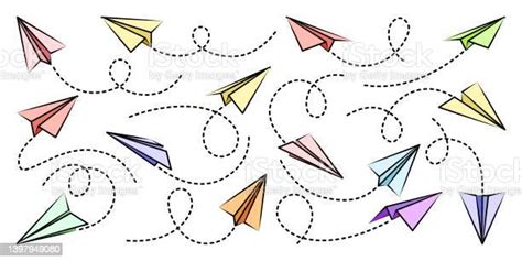 다양한 손으로 그린 종이 비행기 점선으로 표시된 노선선이있는 다채로운 낙서 비행기 항공기 아이콘 간단한 비행기 실루엣 윤곽선 라인 아트 벡터 일러스트레이션 비행기에 대한