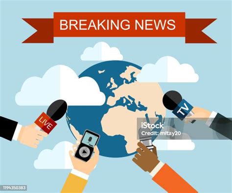 마이크 테이프 레코더와 기자의 몇 손 저널리즘 라이브 리포트 핫 뉴스 텔레비전 및 라디오 캐스트 개념 평면 스타일 세계지도