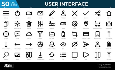 Set Of 50 User Interface Icons In Line Style Menu Calendar Clock Outline Icons Collection