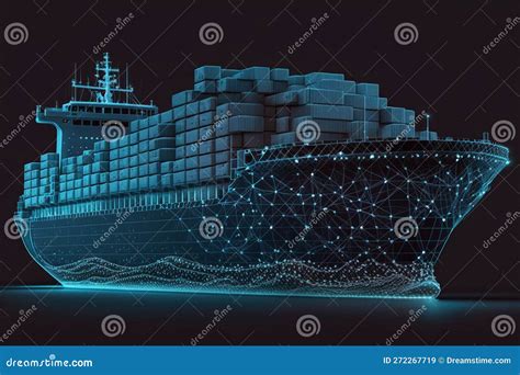 Worldwide Cargo Ship Polygonal Wireframe Mesh Art Looks Like Constellation On Dark Blue Stock