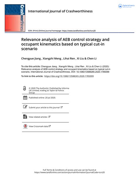 Pdf Relevance Analysis Of Aeb Control Strategy And Occupant
