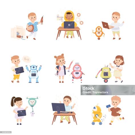 스마트 기술과 인공 지능 공학 및 프로그래밍 벡터 세트를 사용하는 어린 아이들 개발에 대한 스톡 벡터 아트 및 기타 이미지