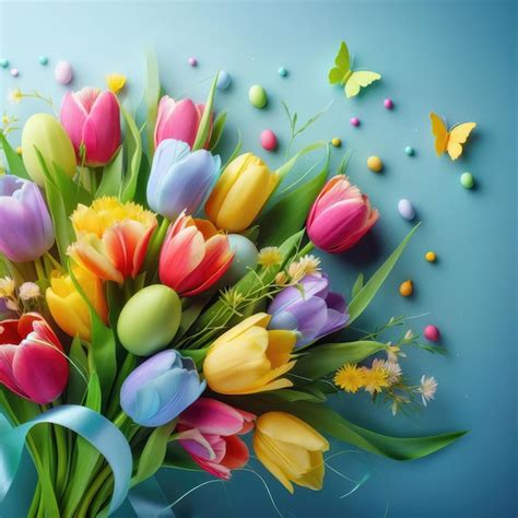 Premium Photo Easter Eggs And Tulips