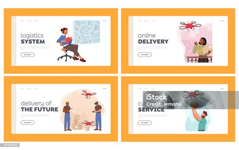 드론 배달 서비스 랜딩 페이지 템플릿 세트입니다 고객에게 항공 운송 물품의 기술 개념에 대한 스톡 벡터 아트 및 기타 이미지 개념 개체 그룹 고객 Istock