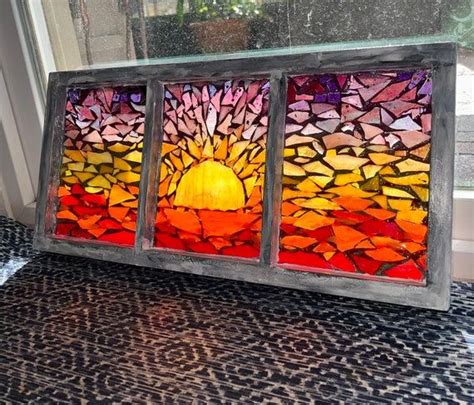 Stained Glass Mosaic Window T Landscape Art Sunset Etsy In 2024 Diy Stained Glass Window