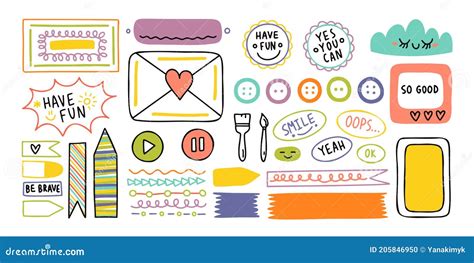 Diary Cute Note Elements Hand Drawn Doodles Bullet Journal Banners Cartoon Vector