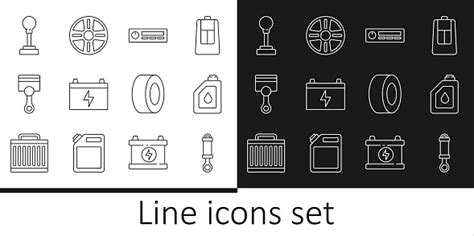 세트 라인 쇼크 업소버 모터 오일 캐니스터 카 오디오 배터리 엔진 피스톤 기어 시프터 타이어 및 알로이 휠 아이콘 벡터 가솔린에