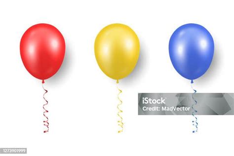 벡터 3d 사실적 빨간색 노란색 및 파란색 풍선 리본이 흰색 배경에 격리된 클로즈업 설정 반투명 헬륨 발룬의 디자인 템플릿 모형
