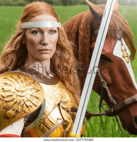 Female Redhead Warrior Wearing Segmented Golden Imagen Generada Por Ia 2277745589 Shutterstock