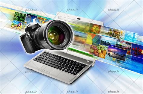 عکس با کیفیت دوربین در کنار لپ تاپ و عکس های مختلف در کنار یکدیگر عکس