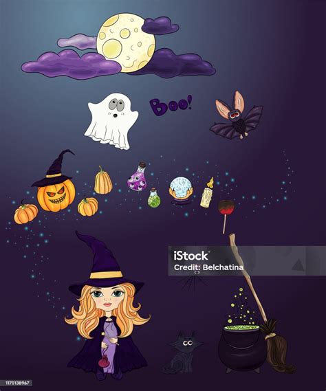 할로윈 문자 컬렉션입니다 해피 할로윈 개체 세트입니다 화려한 마법의 사람과 아이콘 팩 어린 마법사 소녀 고양이 마법사 모자 물약 마법의 병 박쥐 유령 달 호박 잭 랜턴
