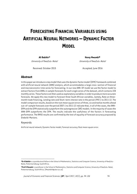 Pdf Forecasting Financial Variables Using Artificial Neural Networks Dynamic Factor Model