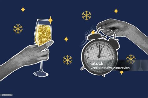 트렌디 한 크리스마스 하프 톤 콜라주 손에 든 샴페인 잔과 알람 시계는 새해까지 5 분을 보여줍니다 카드 포스터 템플릿에 대 한 골드 반짝이 질감의 하프 톤 콜라주 기이함에