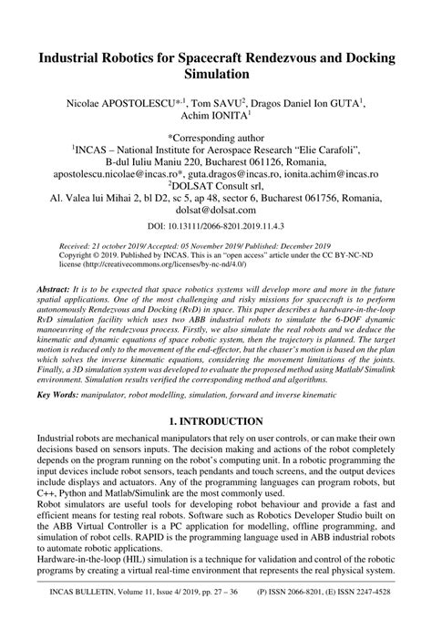 Pdf Industrial Robotics For Spacecraft Rendezvous And Docking Simulation